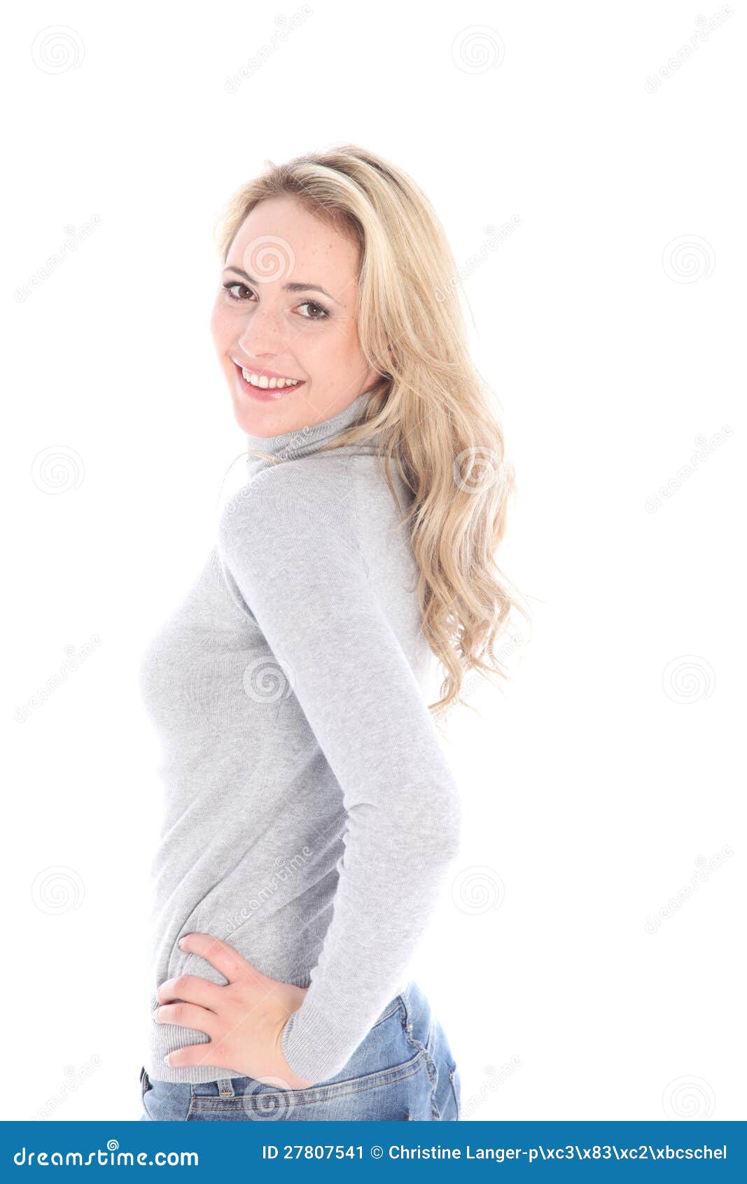 Casual Smiling Woman Looking Over Her Shoulder Stock Image - Image of ...