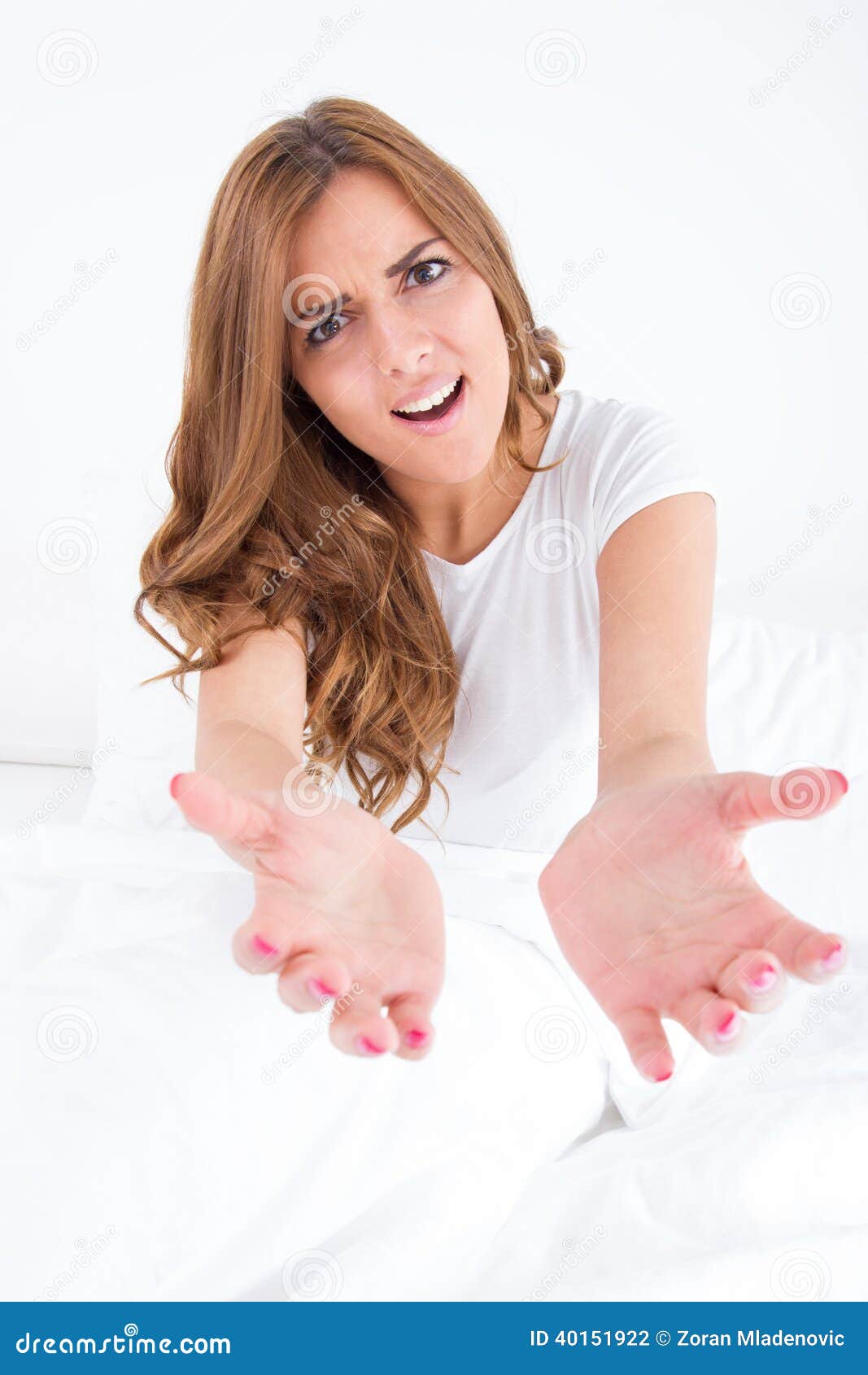 Casual Woman Asking for Help with Hands in Front of Camera Stock Photo ...