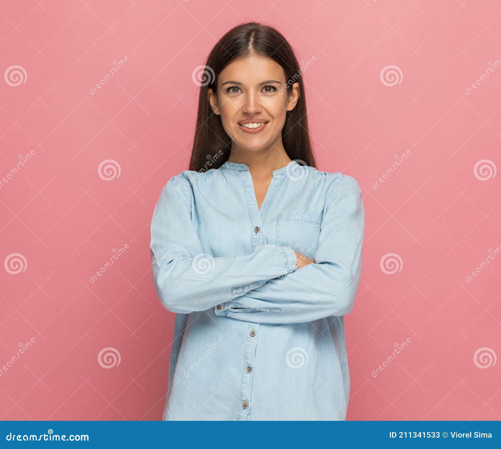 Casual Woman Crossing Her Arms At Chest And Smiling Stock Image Image
