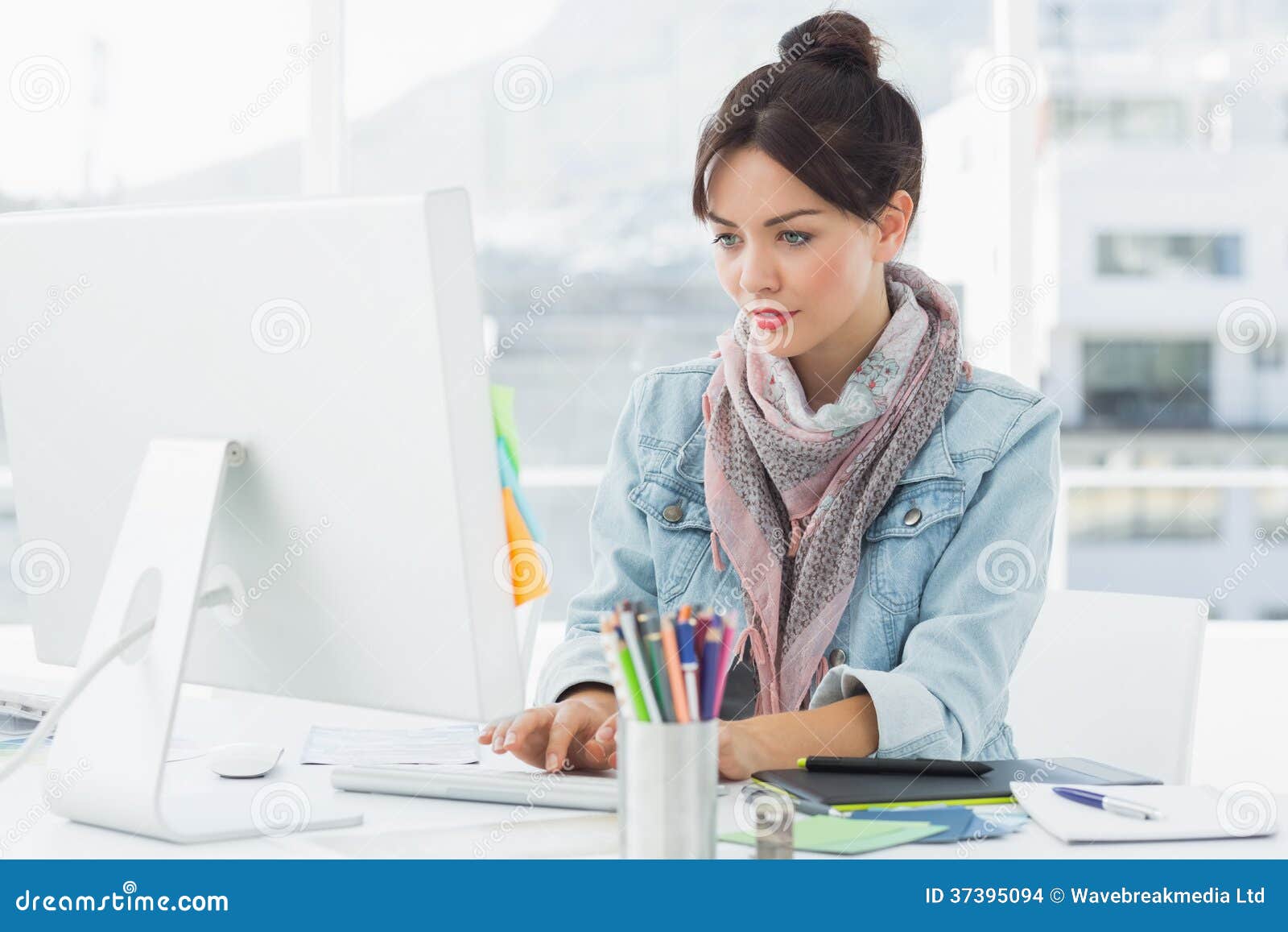 Casual Woman Using Computer in Office Stock Photo - Image of desk ...