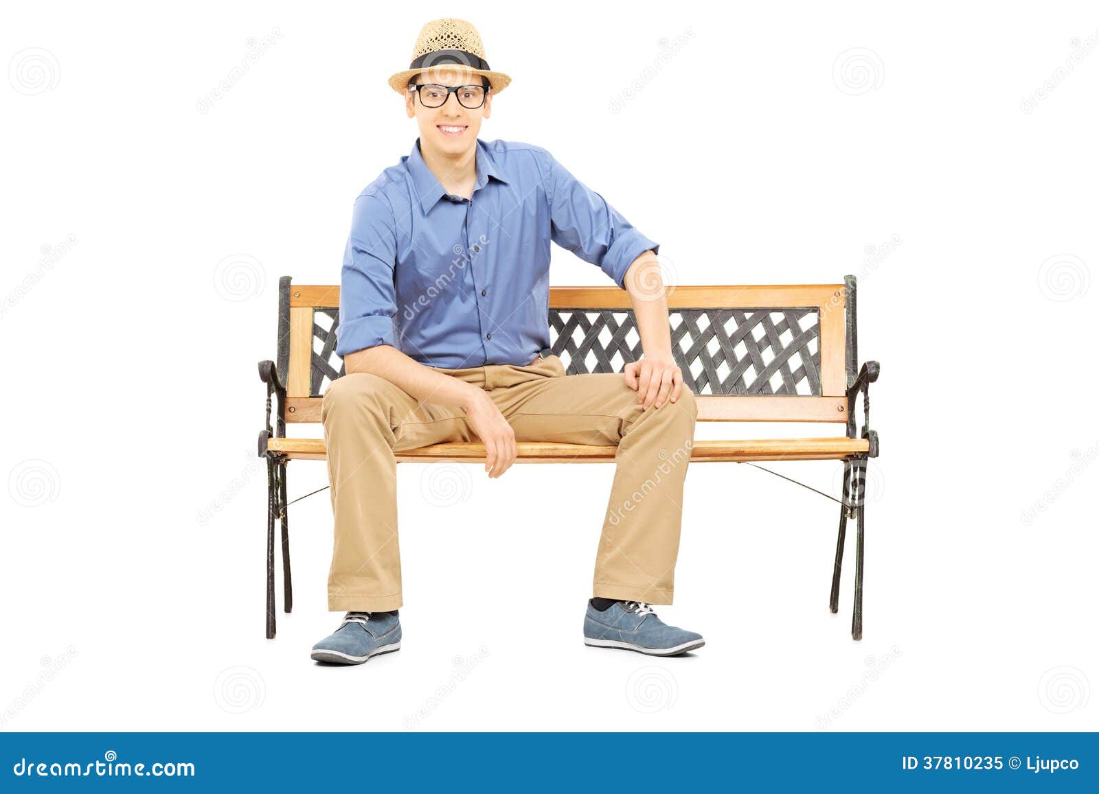 Casual Young Guy Sitting on Bench Stock Image - Image of casual ...