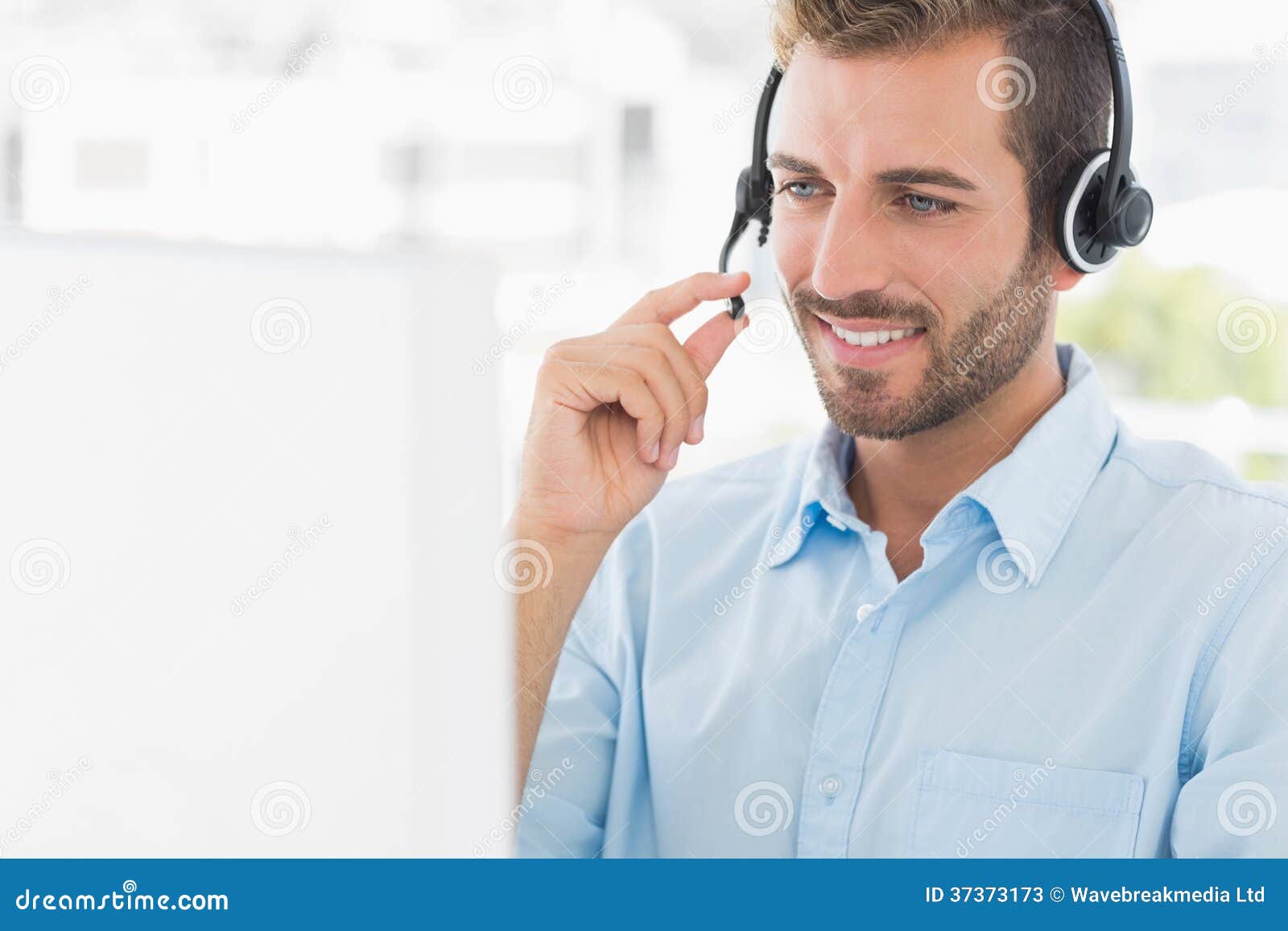 Casual Young Man with Headset Using Computer Stock Image - Image of ...