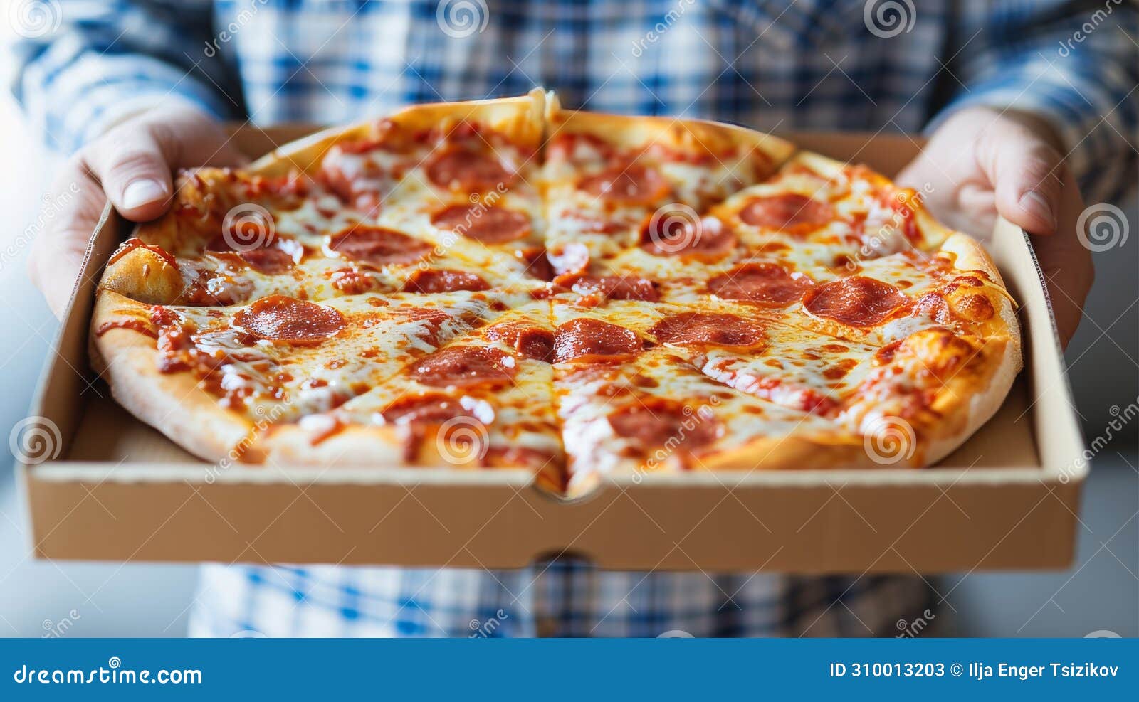 Casually Dressed Man Holding Italian Pizza in Flat Box with Space for ...