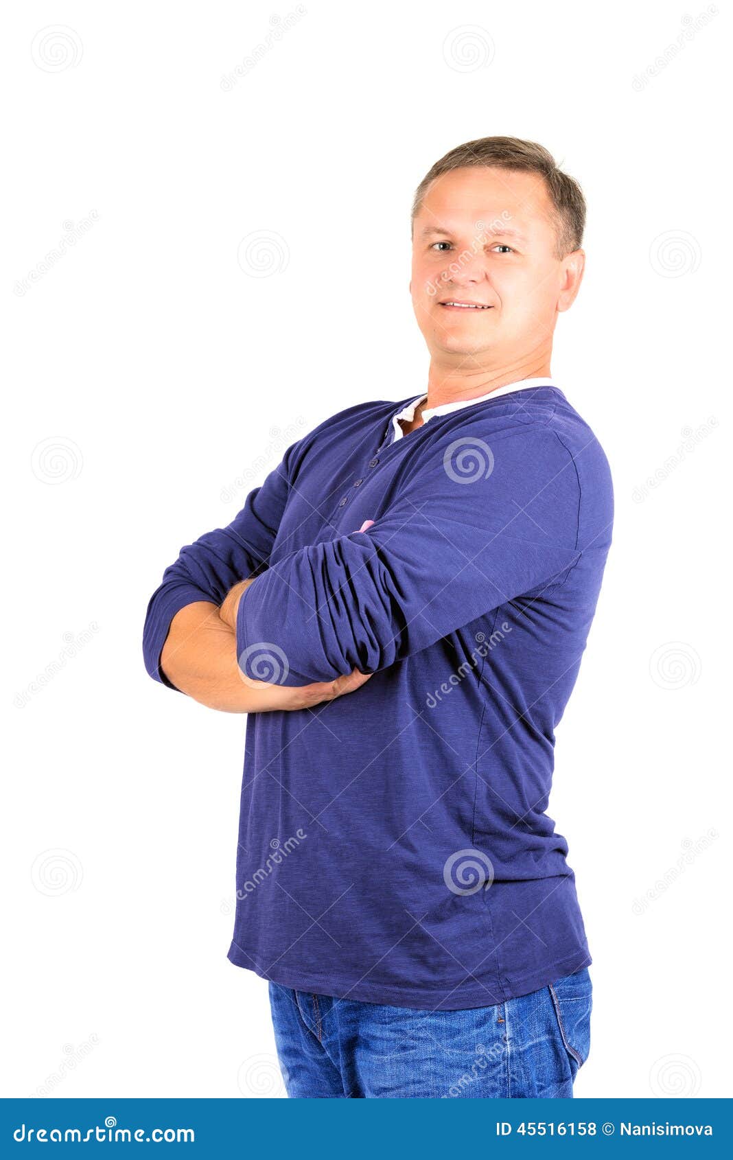 Casually Dressed Middle Aged Man Side View in Blue Stock Photo - Image ...