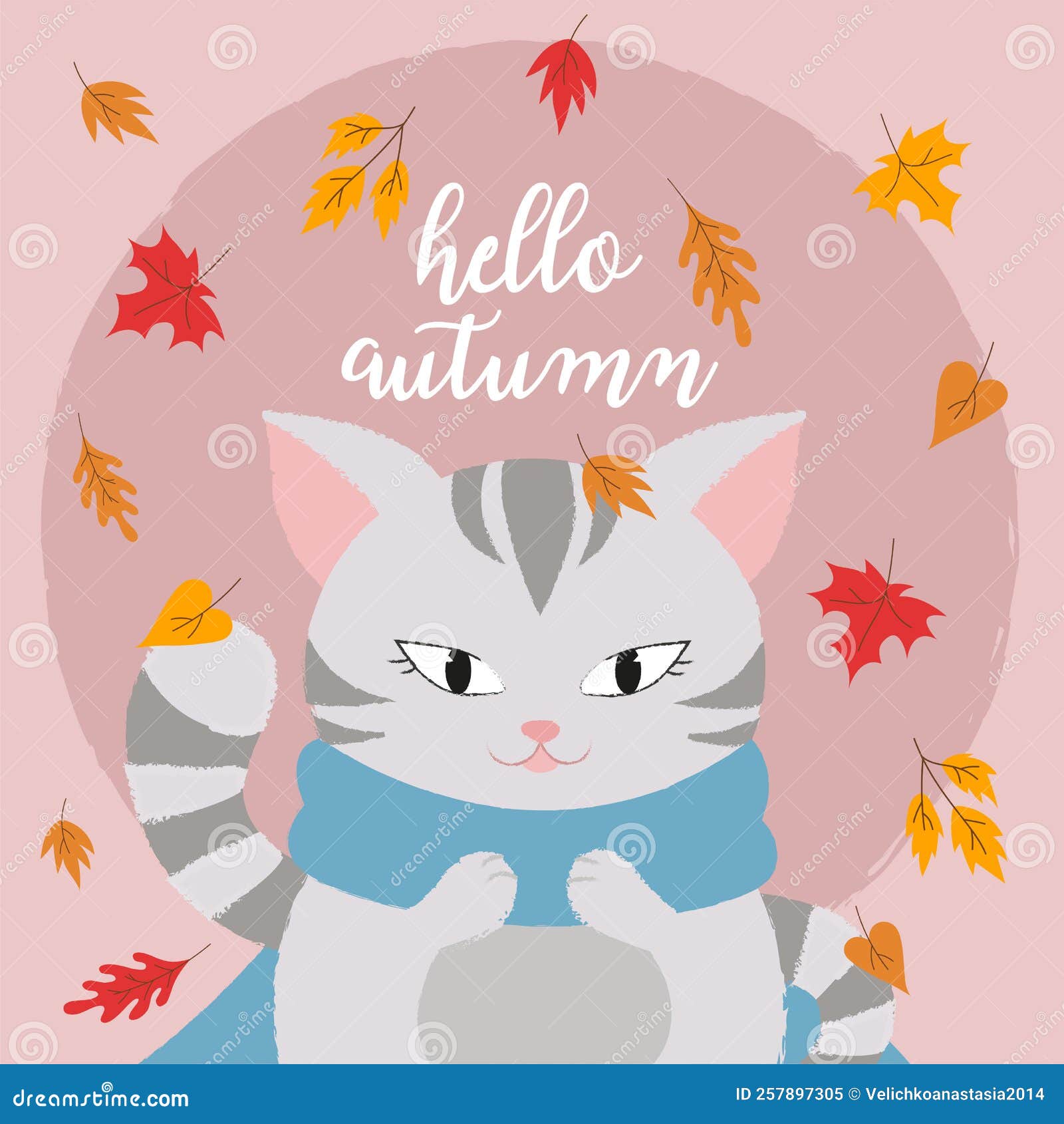 Lettering Hello Autumn. Postcard with a Cute Cat Stock Vector ...