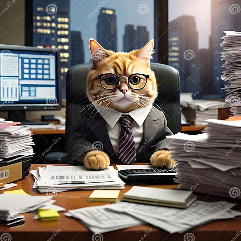 A Cat Accountant Working in a Skyscraper Office Stock Illustration ...