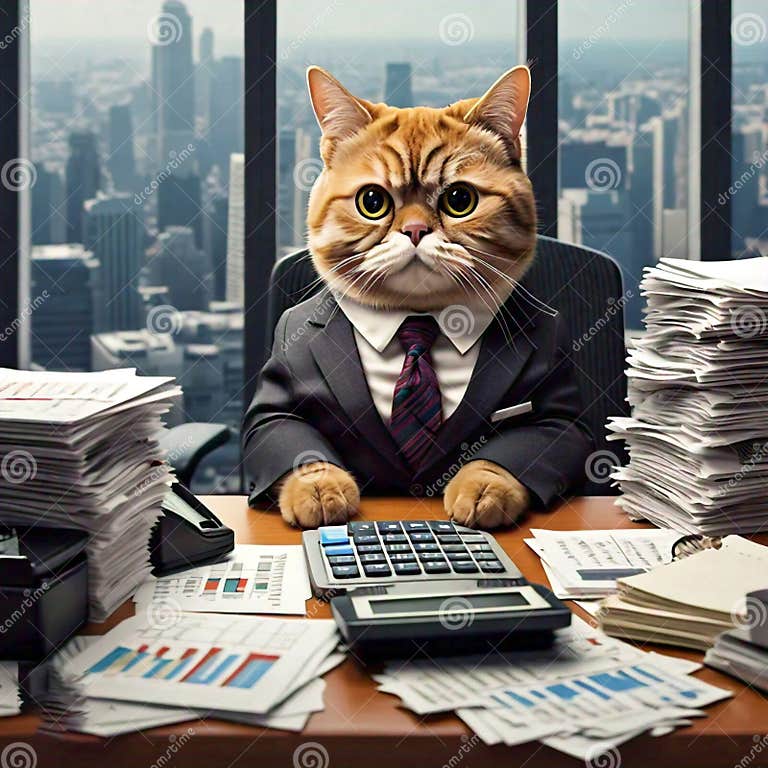 A Cat Accountant Working in a Skyscraper Office Stock Illustration ...