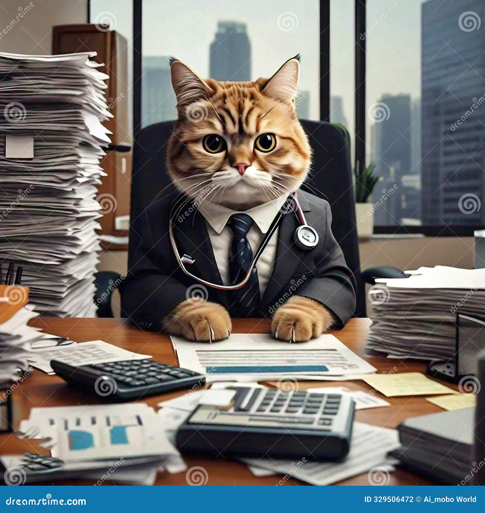 A Cat Accountant Working in a Skyscraper Office Stock Illustration ...