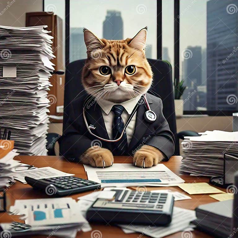 A Cat Accountant Working in a Skyscraper Office Stock Illustration ...