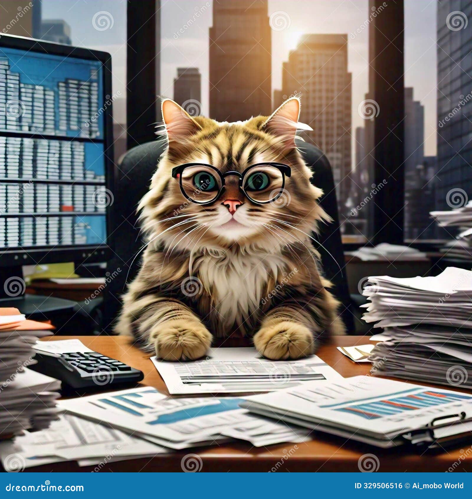 A Cat Accountant Working in a Skyscraper Office Stock Illustration ...