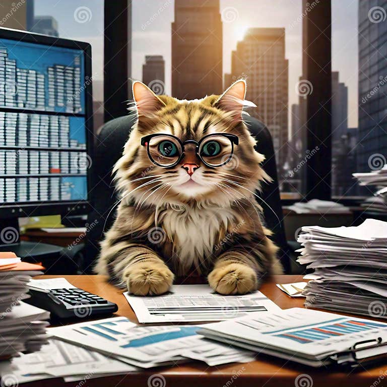 A Cat Accountant Working in a Skyscraper Office Stock Illustration ...