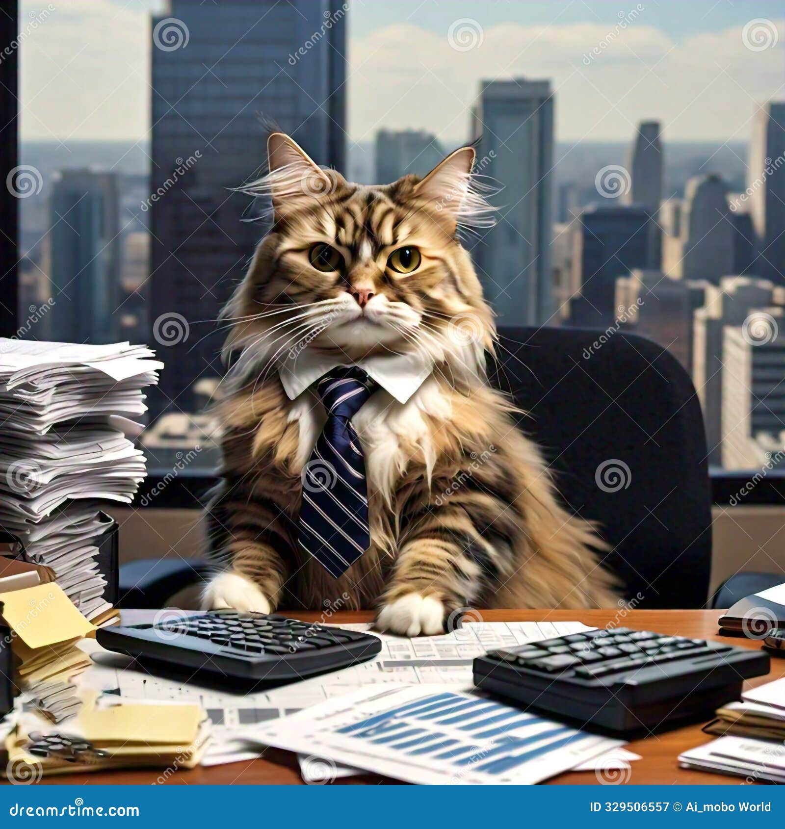 A Cat Accountant Working in a Skyscraper Office Stock Illustration ...