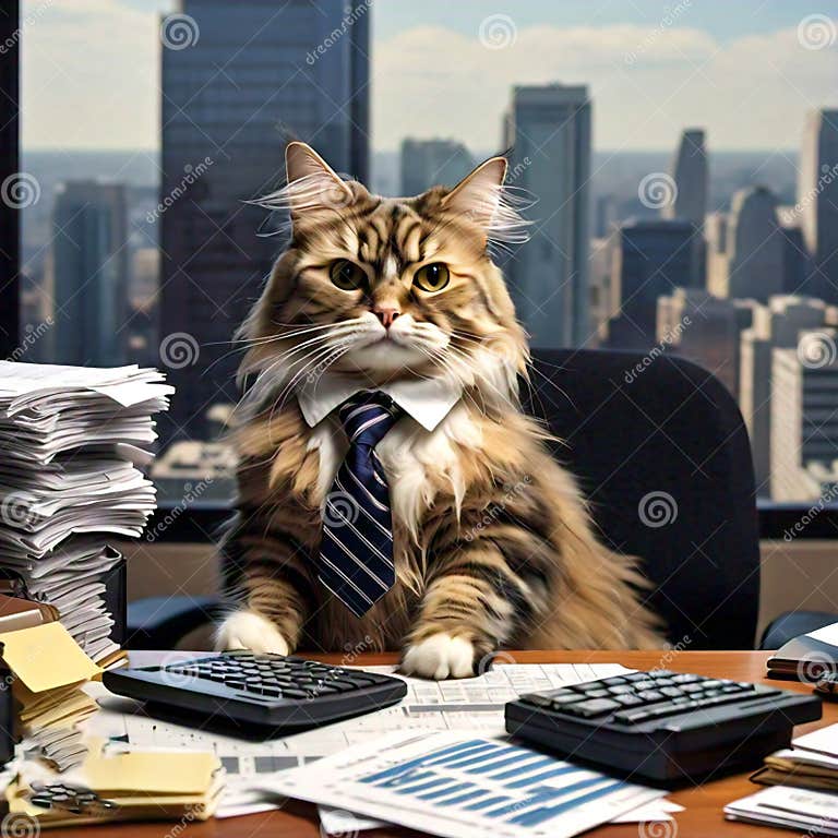 A Cat Accountant Working in a Skyscraper Office Stock Illustration ...