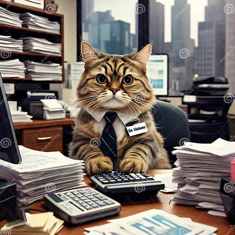 A Cat Accountant Working in a Skyscraper Office Stock Illustration ...