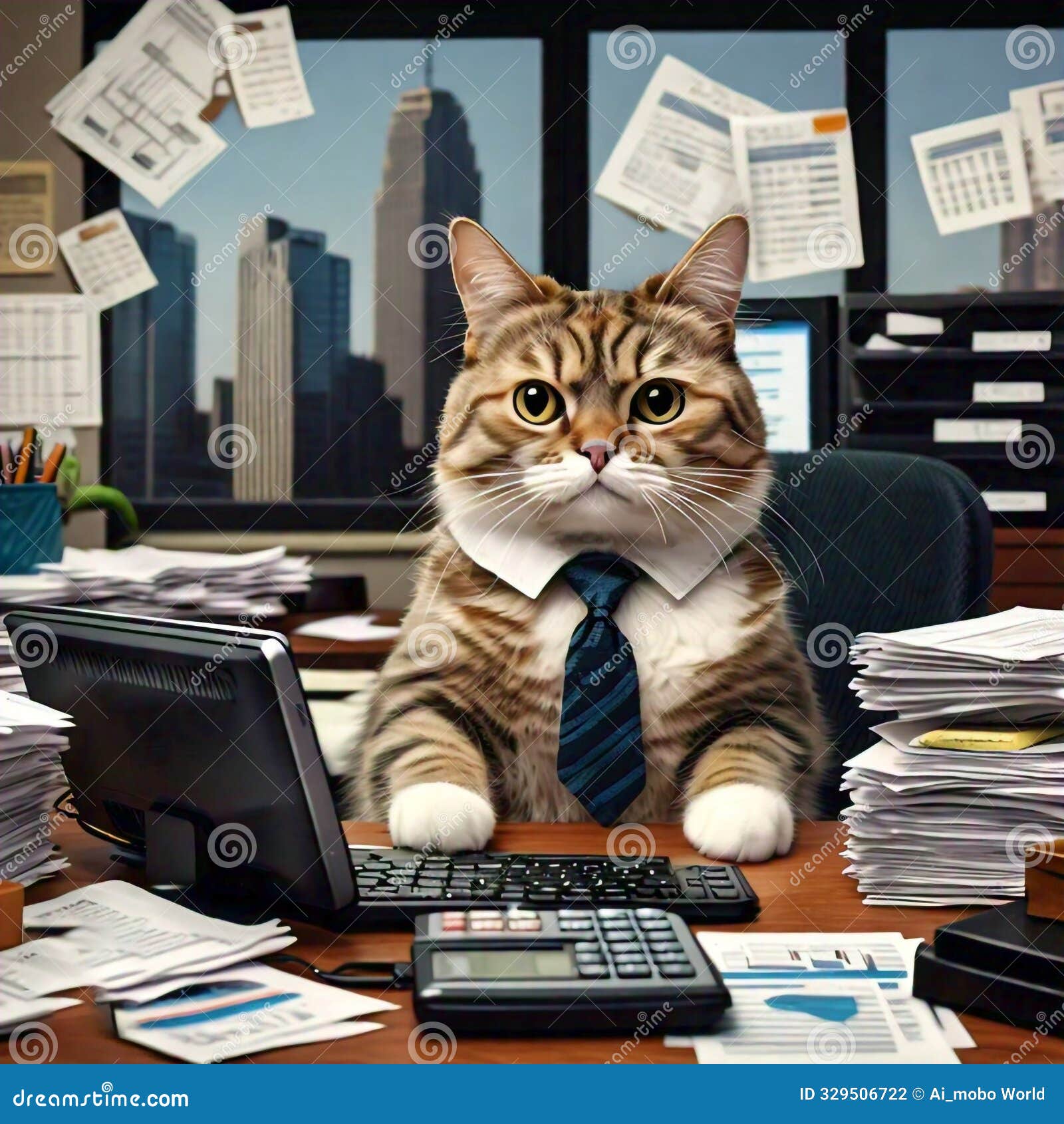 A Cat Accountant Working in a Skyscraper Office Stock Illustration ...