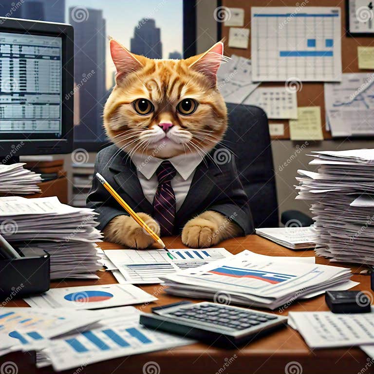 A Cat Accountant Working in a Skyscraper Office Stock Illustration ...