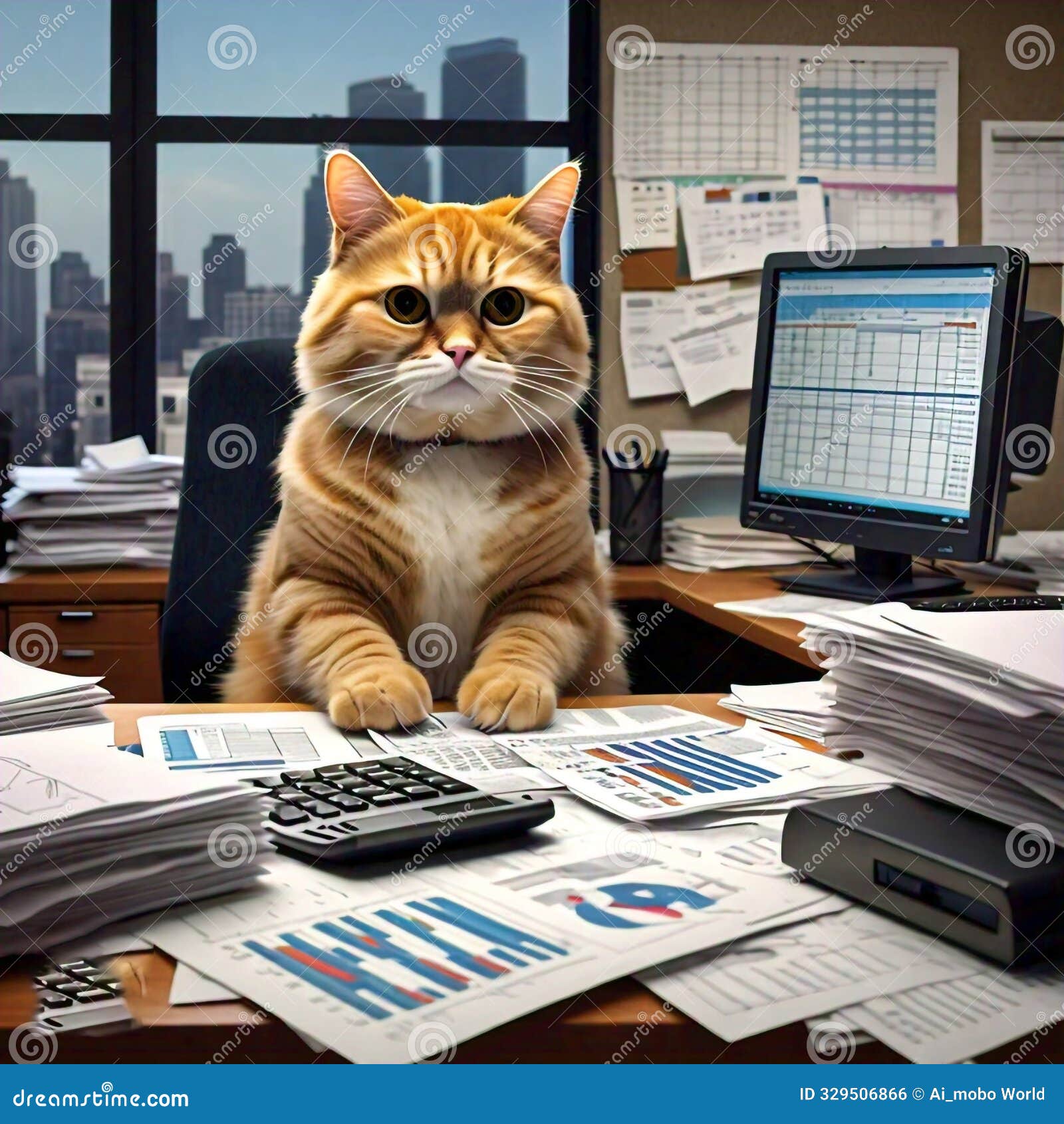 A Cat Accountant Working in a Skyscraper Office Stock Illustration ...