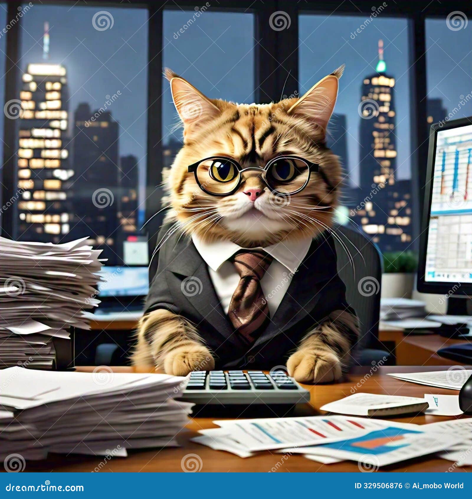 A Cat Accountant Working in a Skyscraper Office Stock Illustration ...