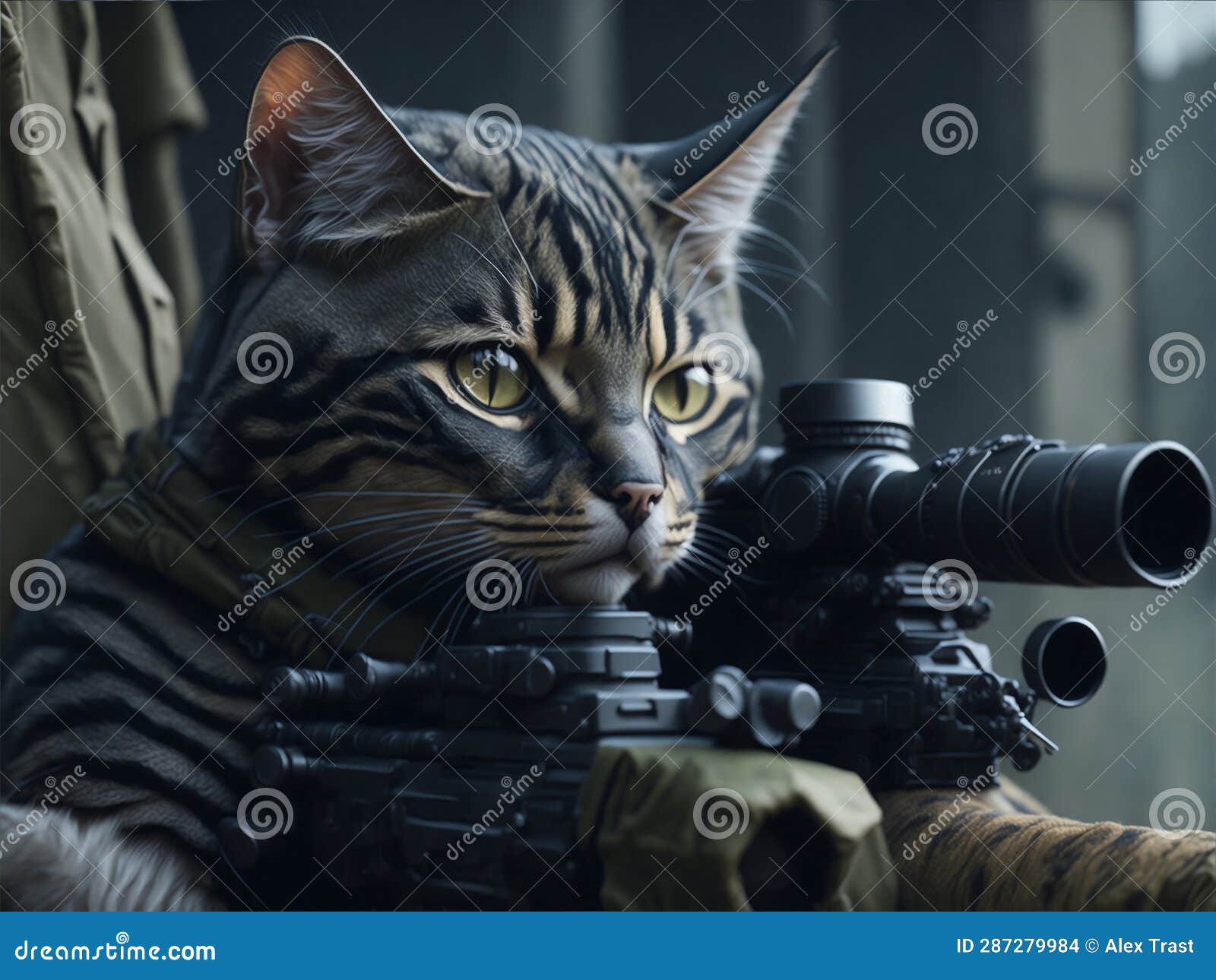 Cat Aims at the Sniper Scope of the Rifle. Stock Illustration ...