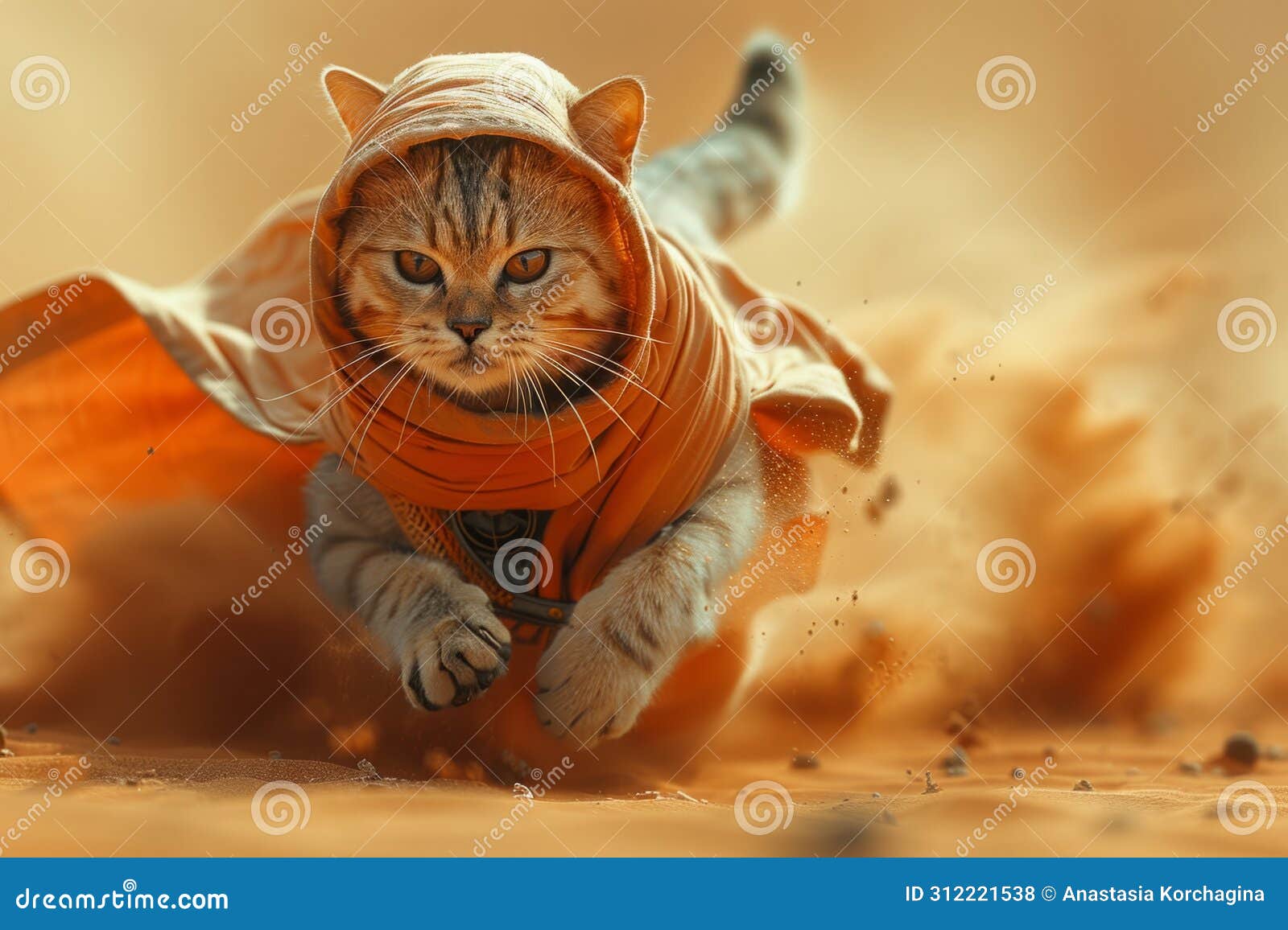 A Cat in Armor and a Cape Runs through the Desert during a Sandstorm ...