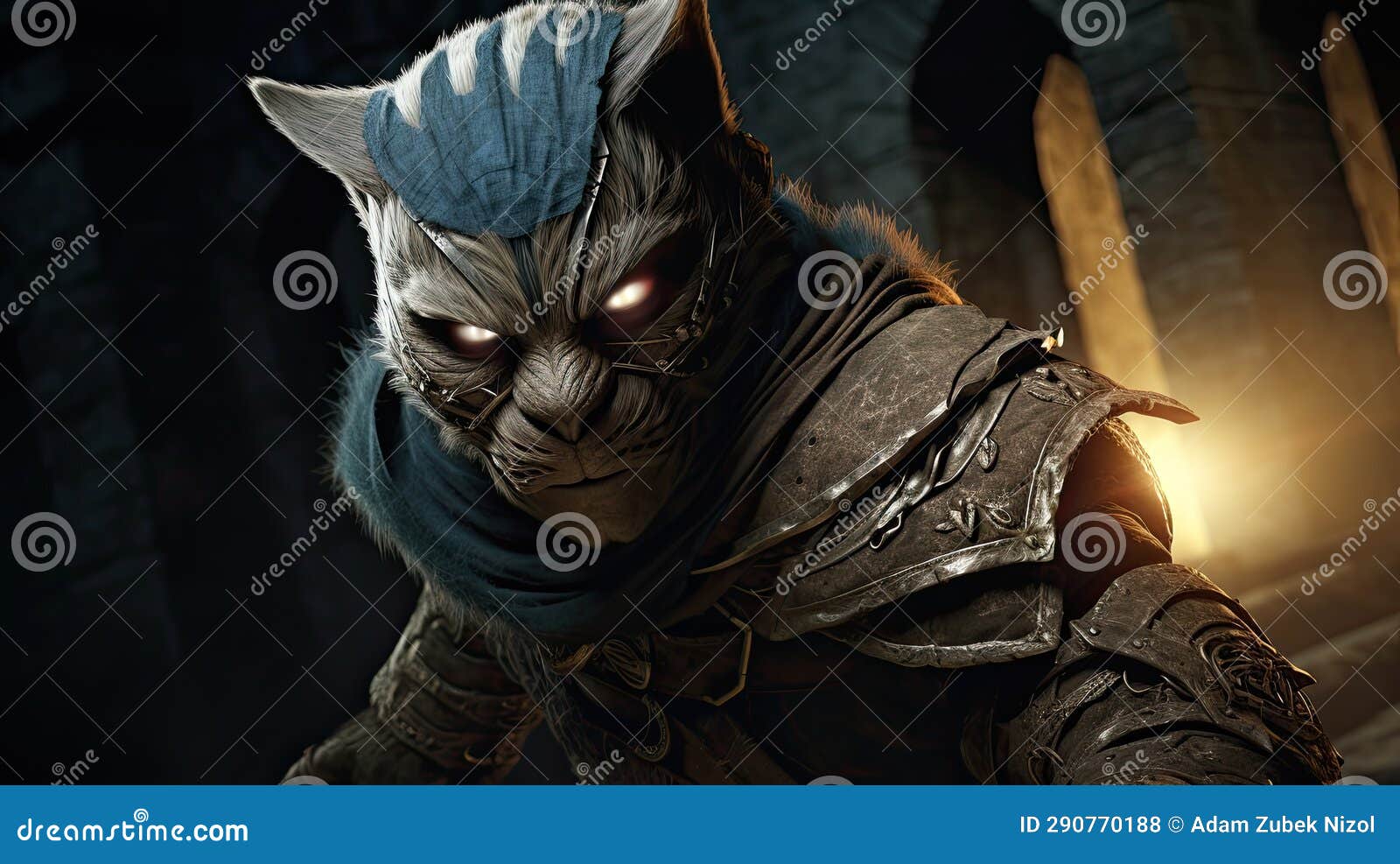A Cat in Armor with Glowing Eyes Stock Illustration - Illustration of ...