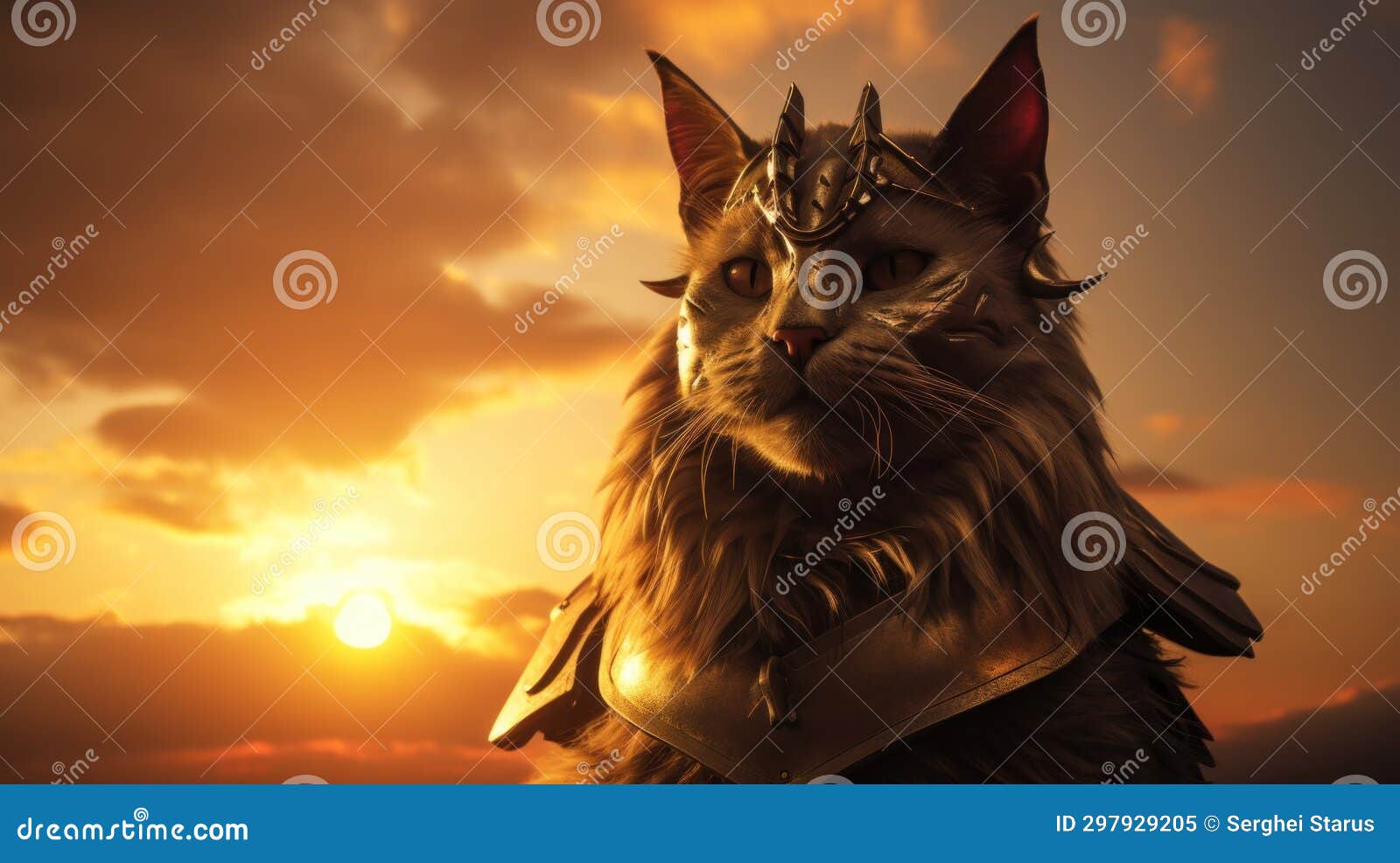 A Cat with Armor on at Sunset, AI Stock Image - Image of cloud, head ...
