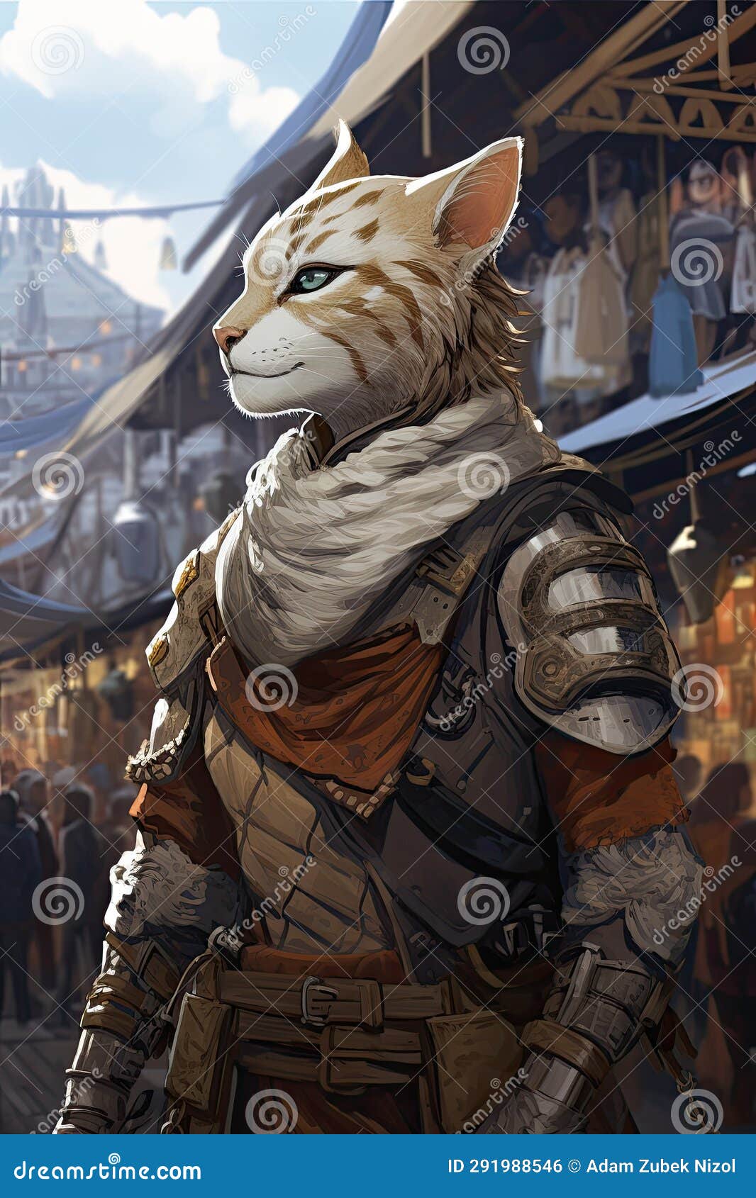 A Cat in Armor with a White and Brown Cat Head Stock Illustration ...