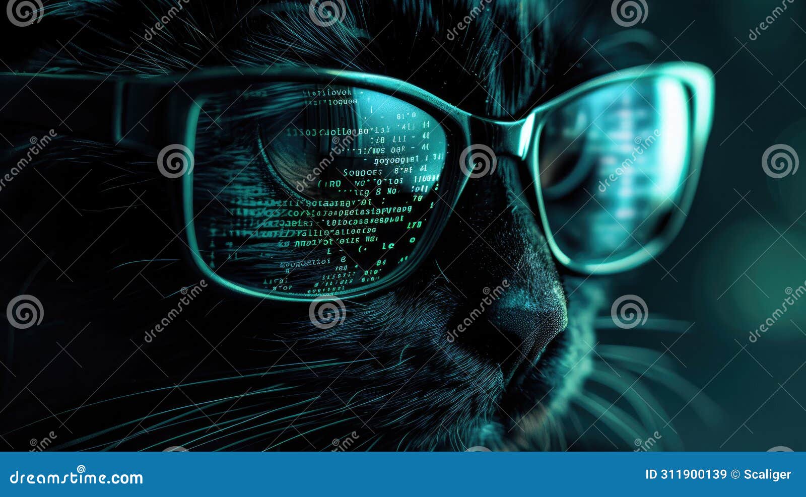 Cat As Hooded Hacker with Reflection of Computer Code in Glasses ...