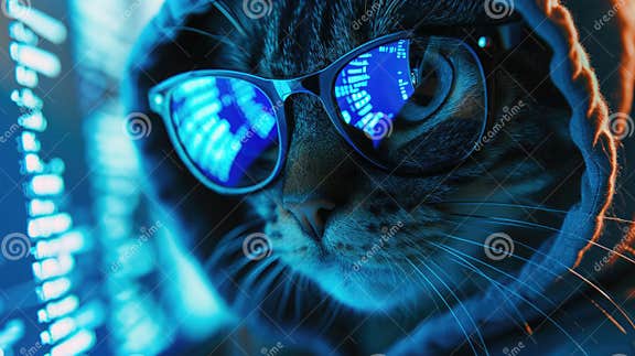Cat As Hooded Hacker with Reflection of Computer Code in Glasses ...