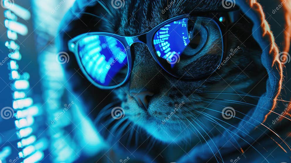Cat As Hooded Hacker with Reflection of Computer Code in Glasses ...