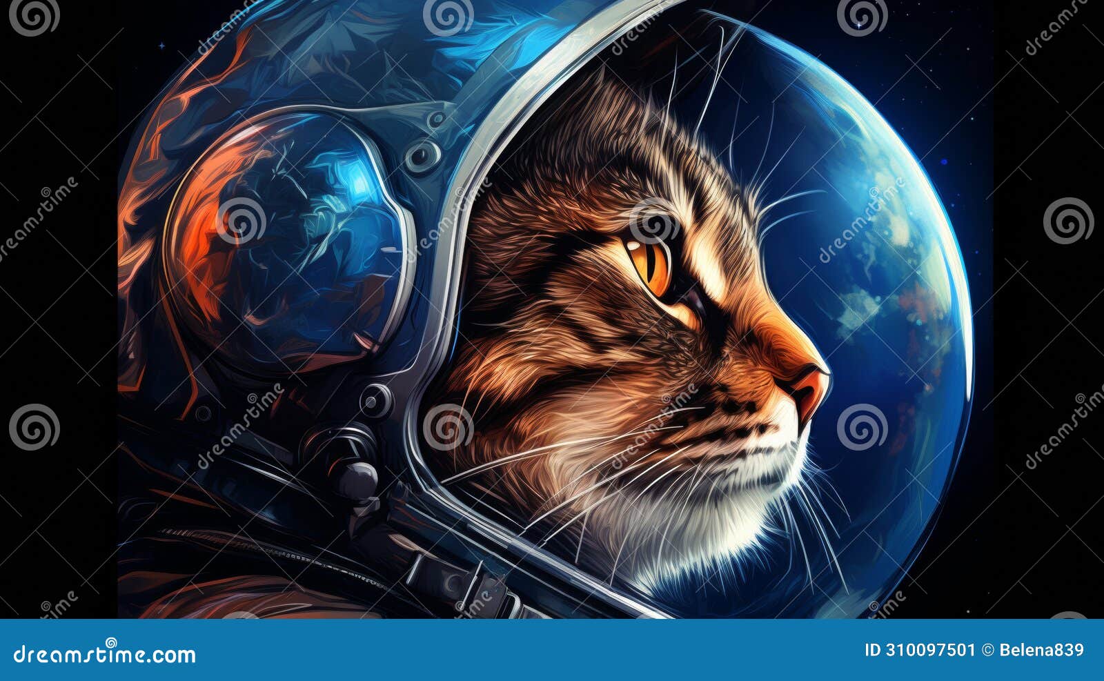 A Cat in an Astronaut Helmet Gazes into Space, with Earth Reflected in ...