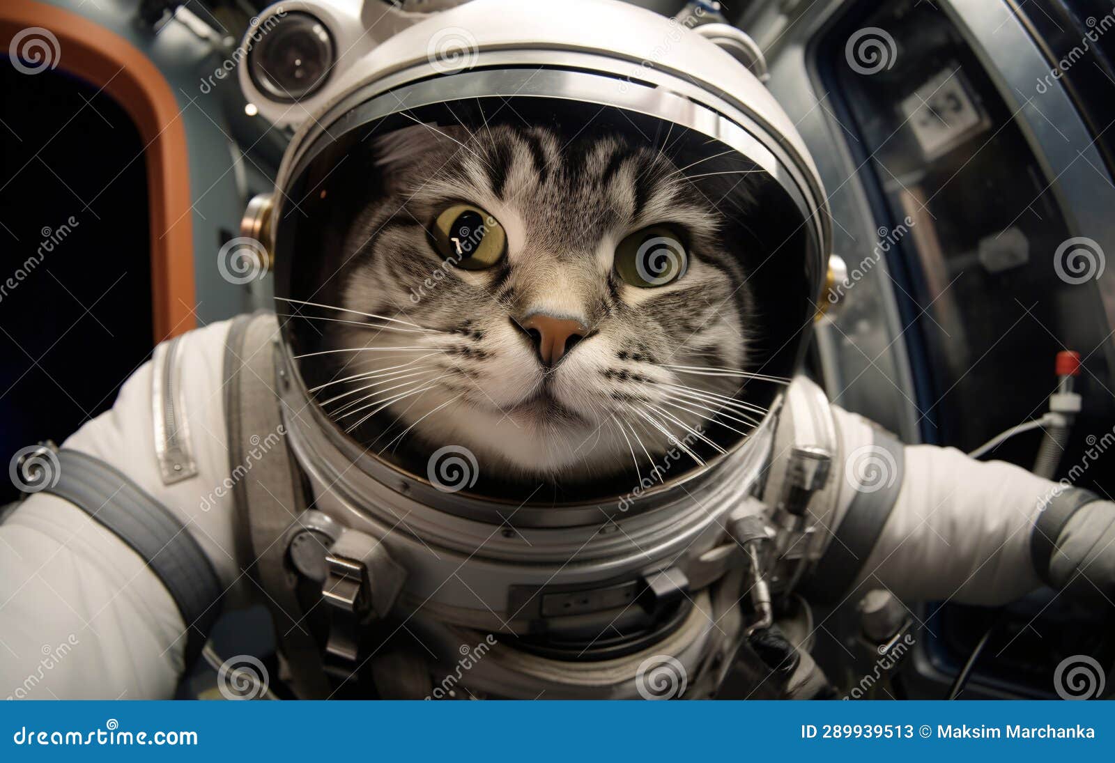 Cat Astronaut in a Spacesuit in a Spaceship Plows the Expanses of the ...