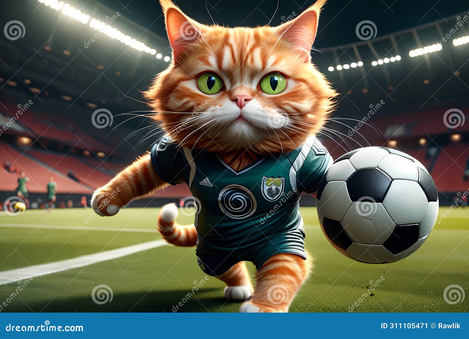 Cat Athlete Football Player Playing Football on the Football Field ...