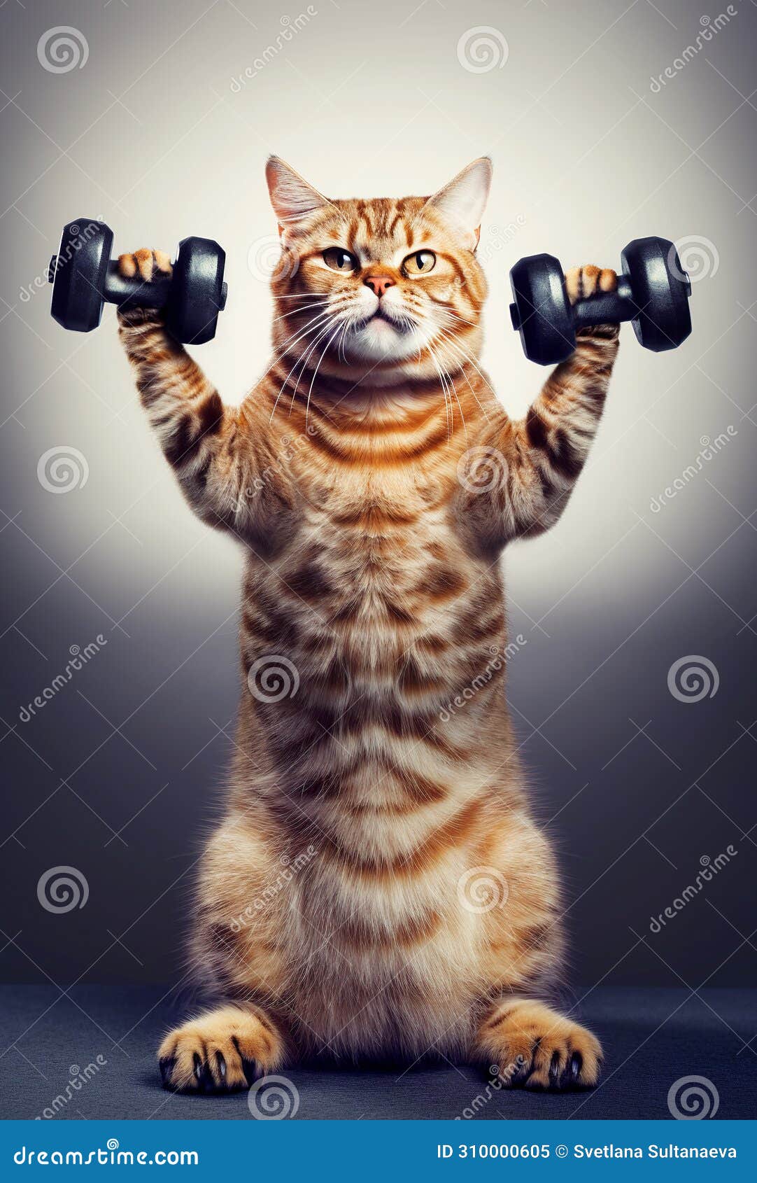 A Cat Athlete Performs Exercises with Dumbbells Stock Illustration ...