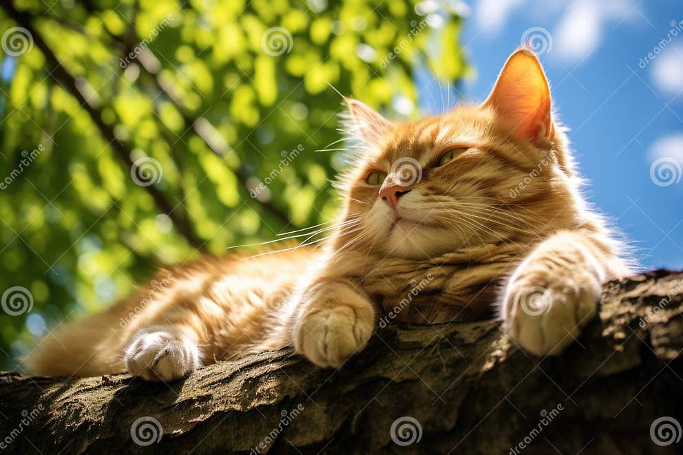 Cat Basking in Summer Sun on a Tree Branch Stock Photo - Image of ...