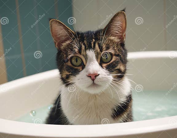 Cat Bathing in Bathtub, Looking at Camera Stock Illustration ...