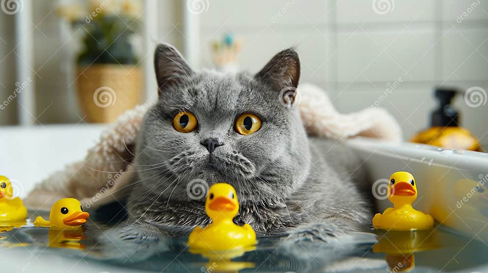 A Cat in a Bathtub with Rubber Ducks Stock Photo - Image of yellow ...