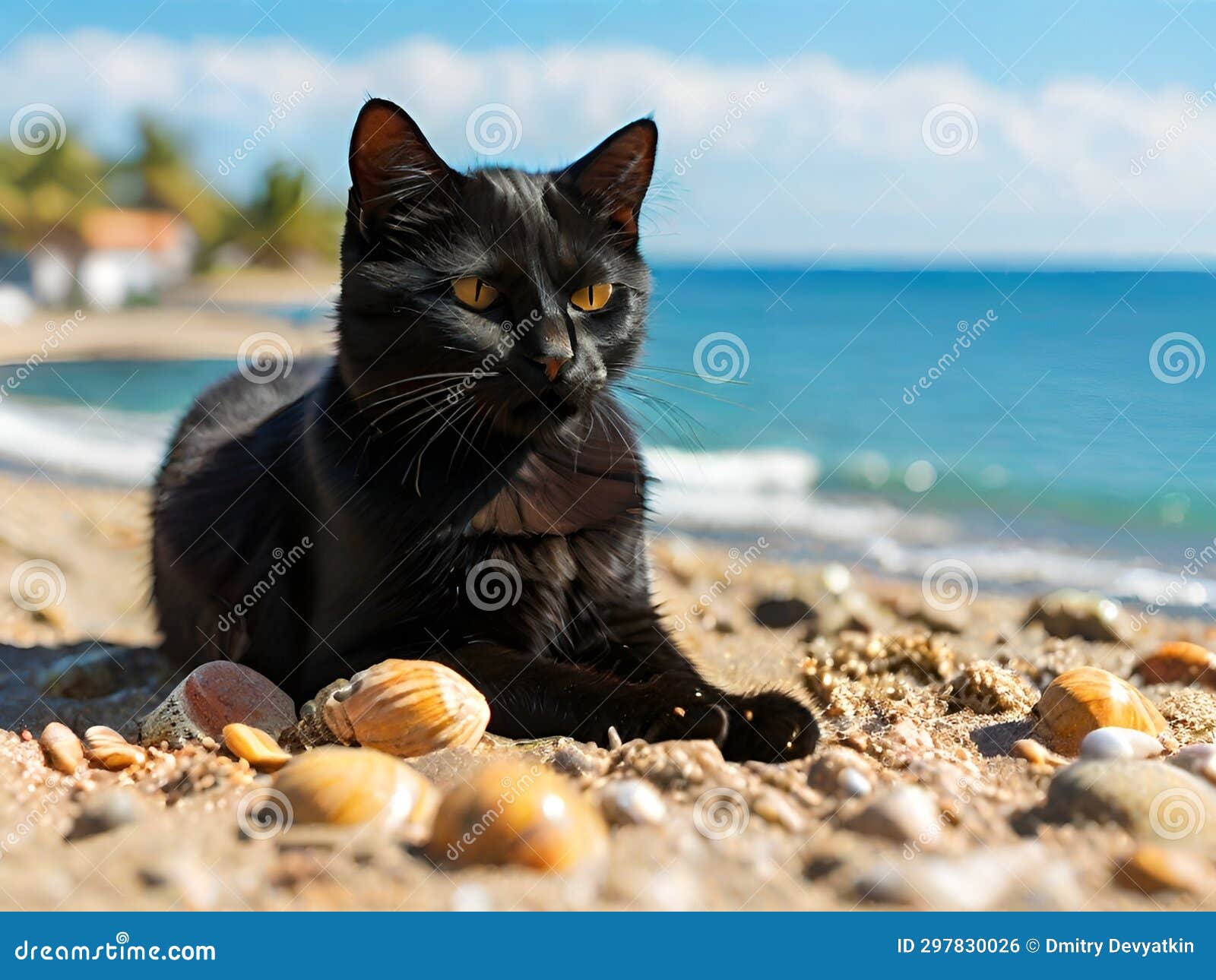 Cat on the beach stock photo. Image of sand, blue, black - 297830026