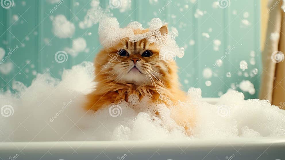Cat Being Washed in Bath. Generative AI Stock Illustration ...
