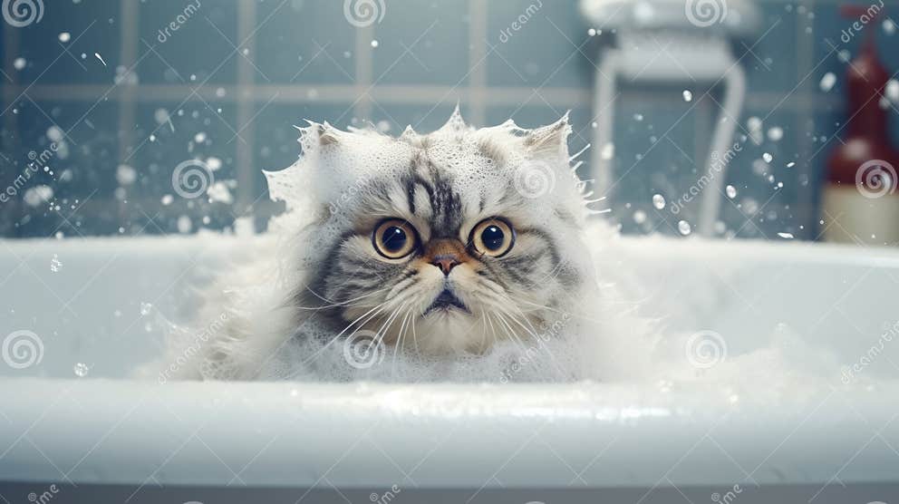 Cat Being Washed in Bath. Generative AI Stock Illustration ...