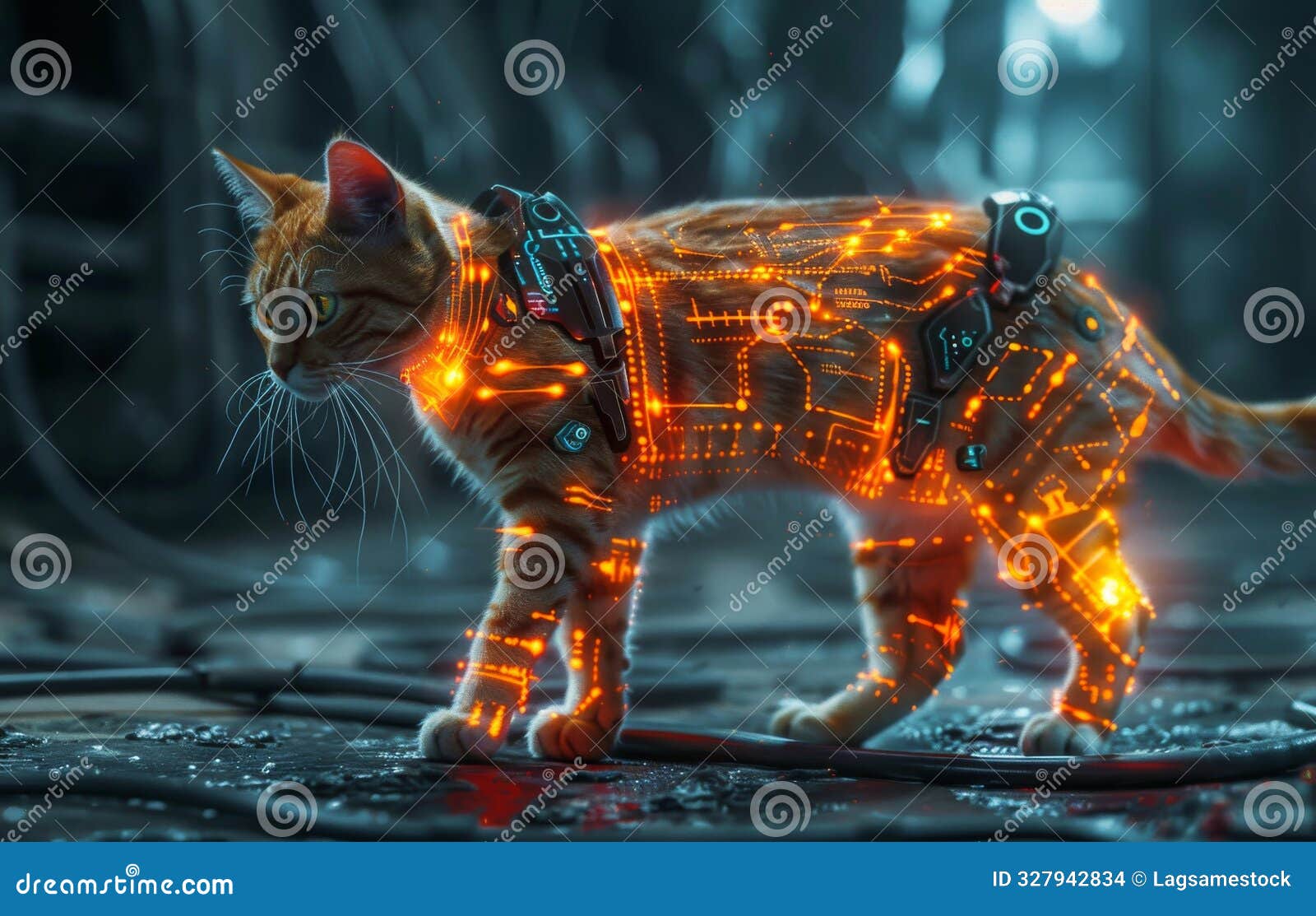 A Cat with Bio Mechanical Enhancements and Glowing Circuit Patterns ...