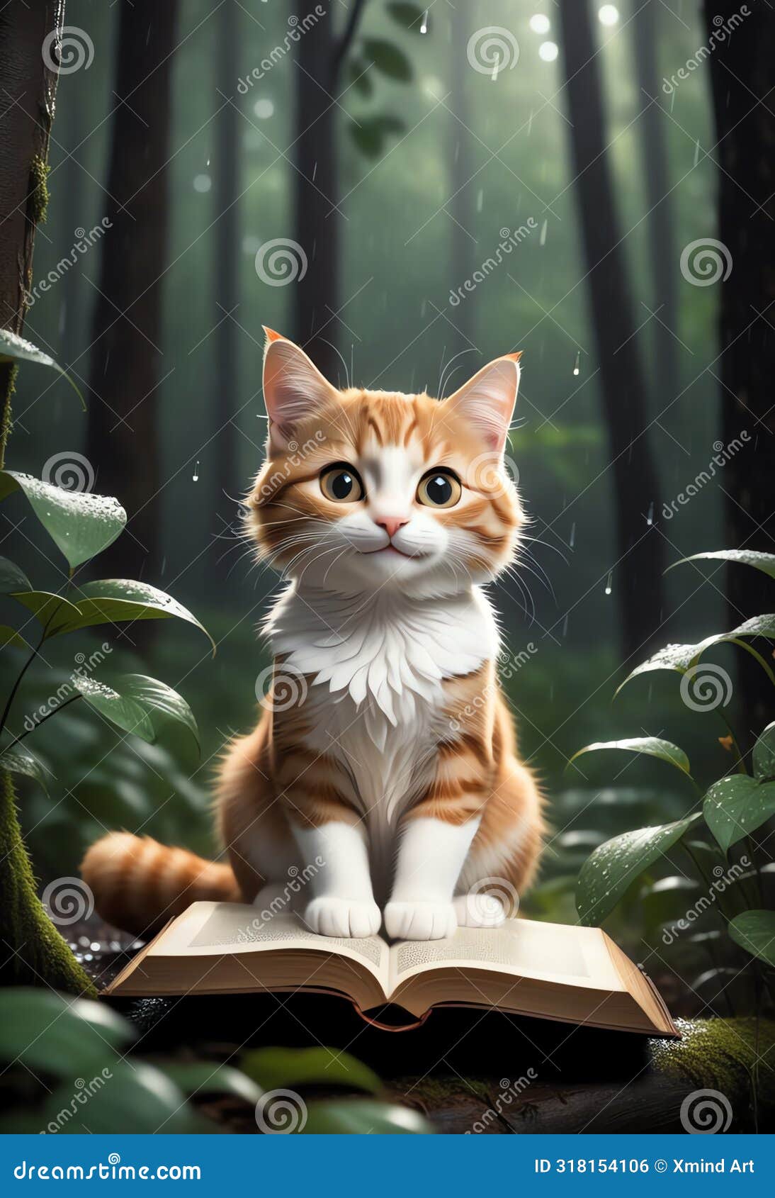 A Cat with Book in Mystical Rain Forest Stock Illustration ...