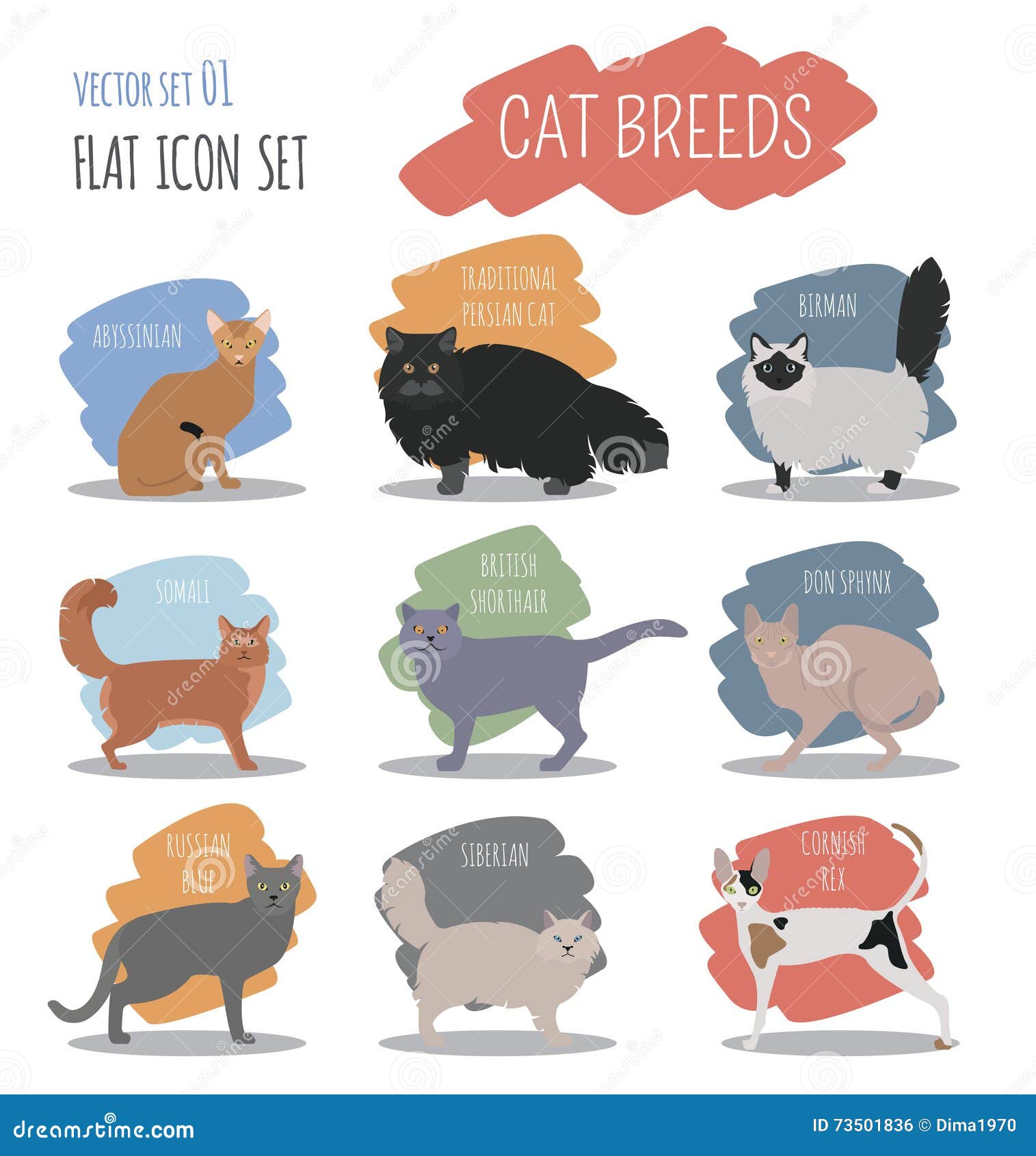 Cat Breeds Icon Set Flat Style Stock Vector - Illustration of cats ...