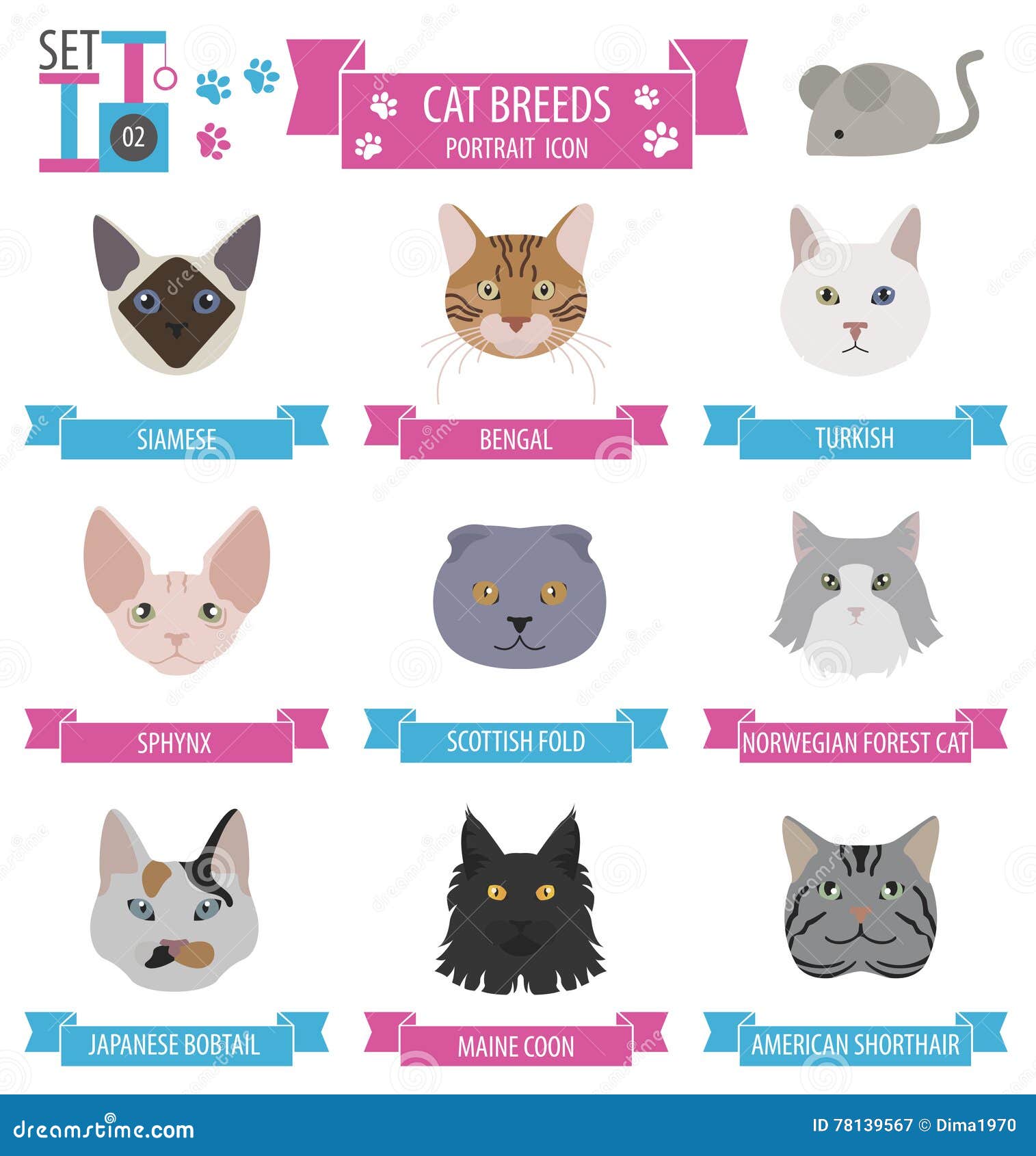 Cat Breeds Icon Set Flat Style Stock Vector - Illustration of collar ...