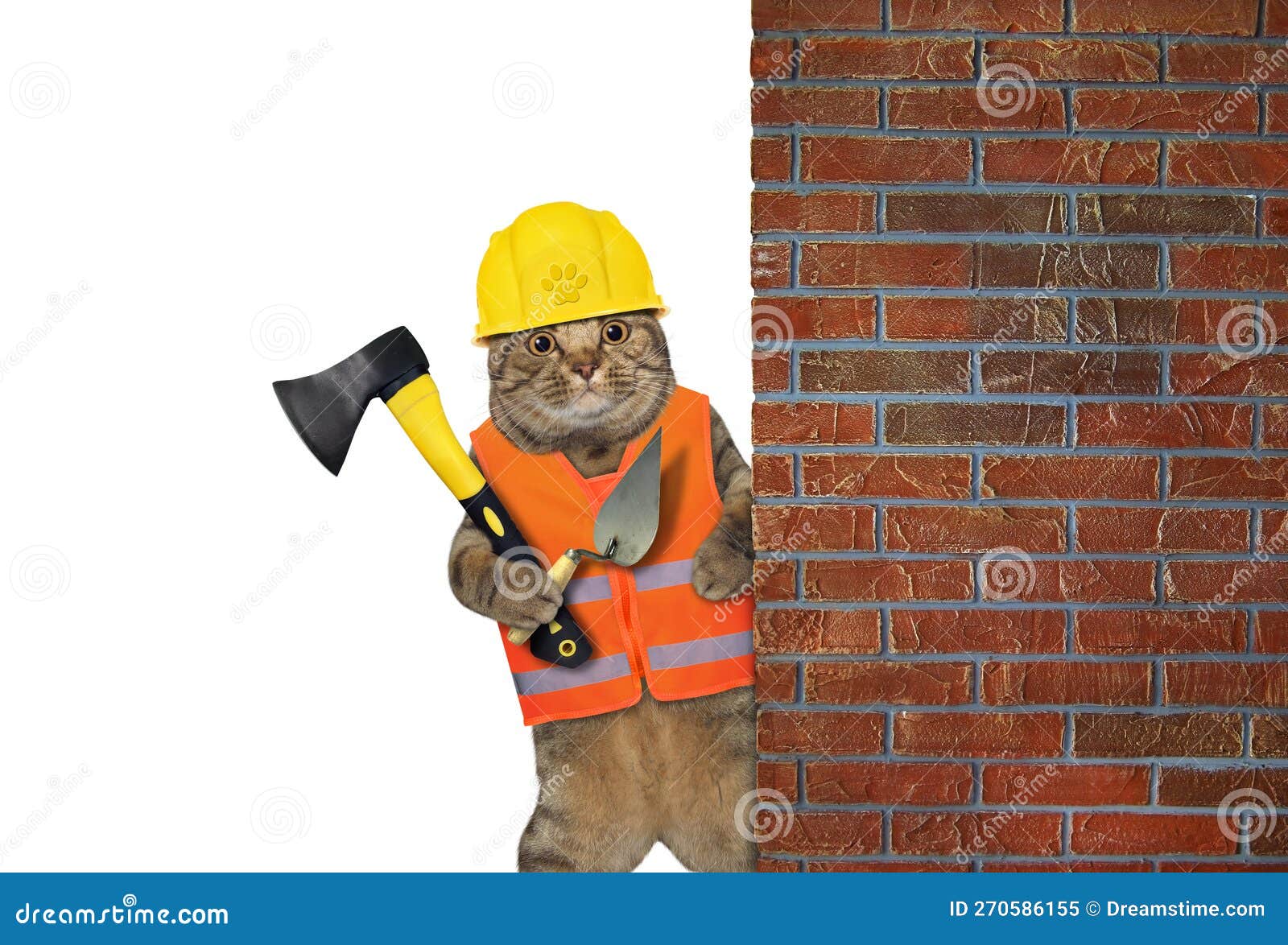 Cat Builder with Ax Near Brick Wall Stock Image - Image of worker ...