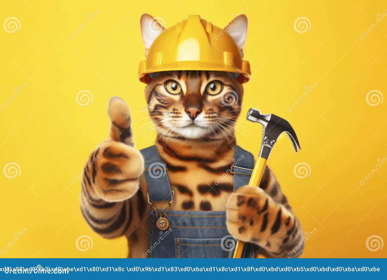 Cat Builder Showing Thumbs Up, Happy Labor Day Isolated on Solid Yellow ...