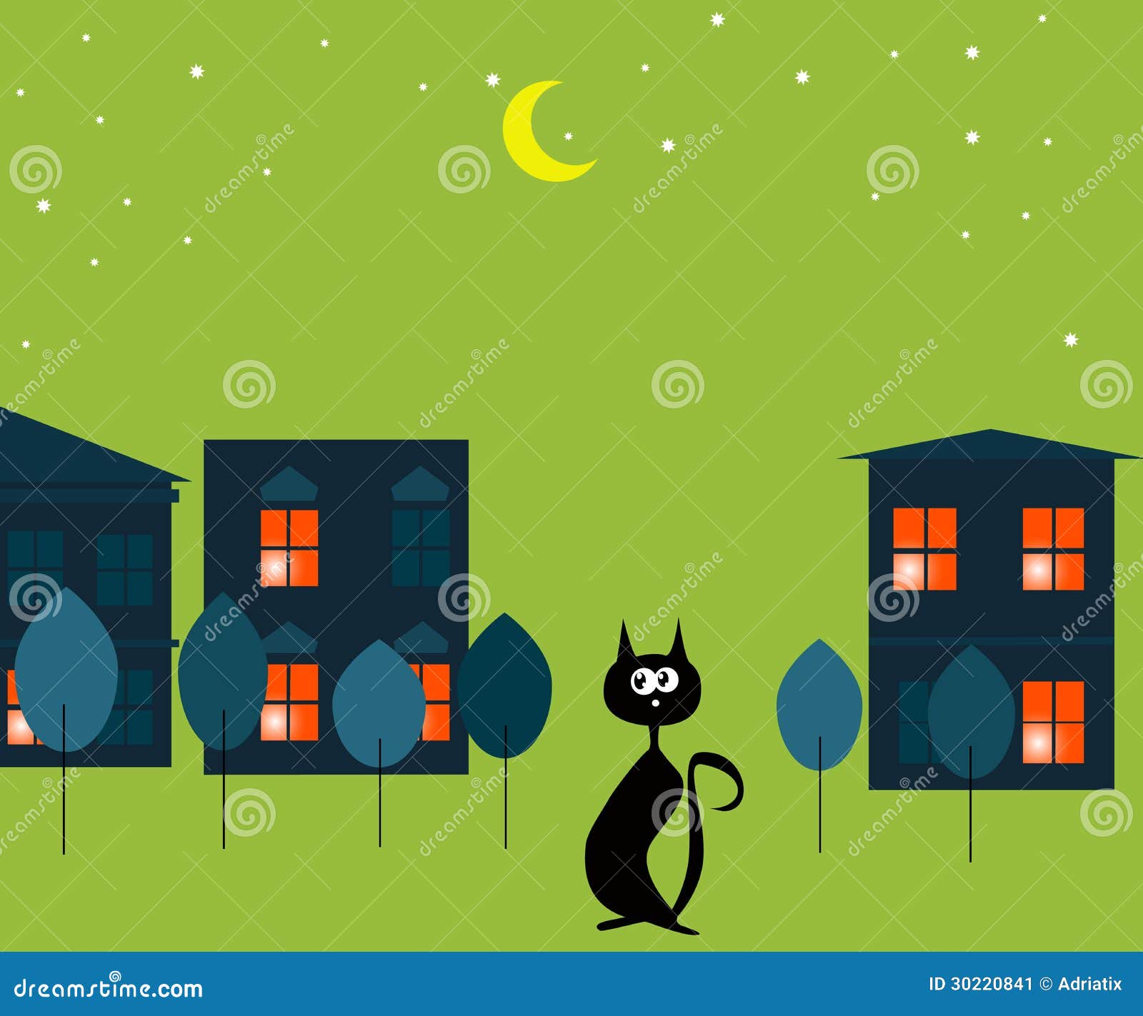 Cat at night stock vector. Illustration of kitten, trees - 30220841