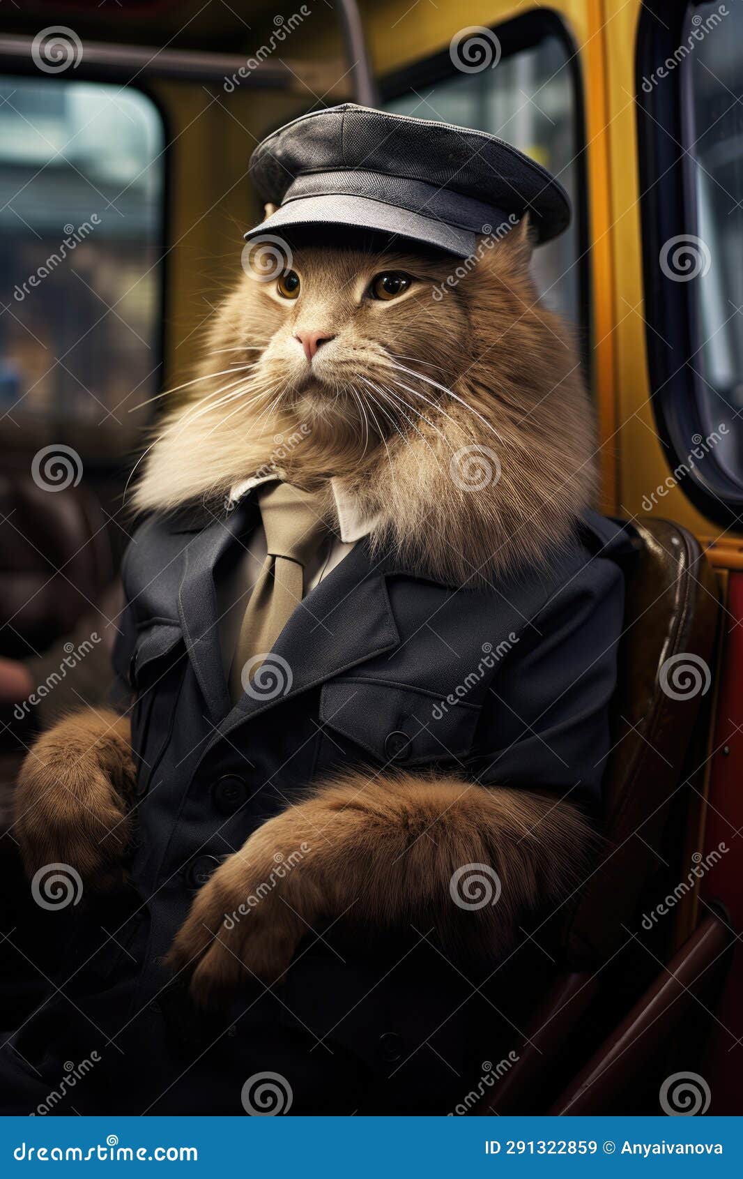 A Cat Bus Driver Wearing a Hat Sitting on a Bus. Stock Image - Image of ...