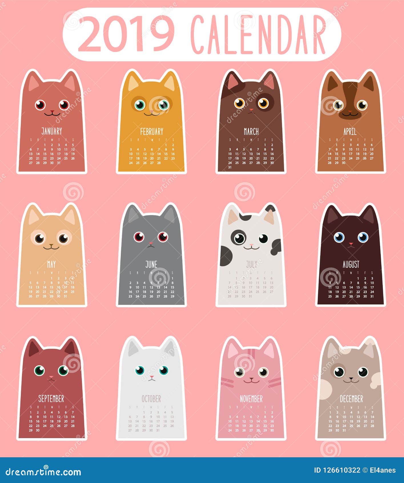 Cat calendar 2019 stock vector. Illustration of number - 126610322