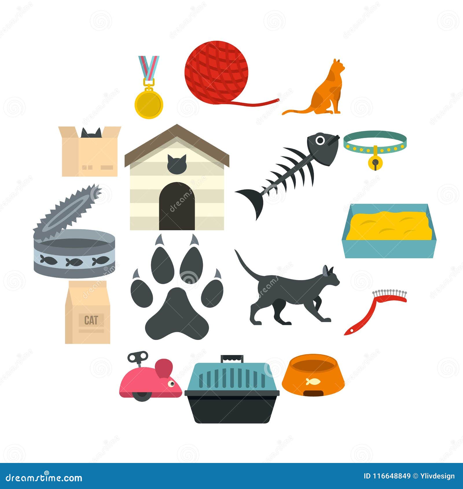 Cat Care Tools Icons Set in Flat Style Stock Vector - Illustration of ...